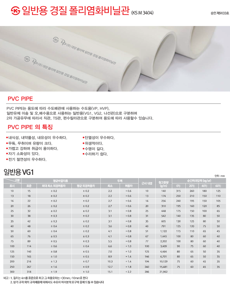PVC 파이프 일반용 (VG1) - KSM3404